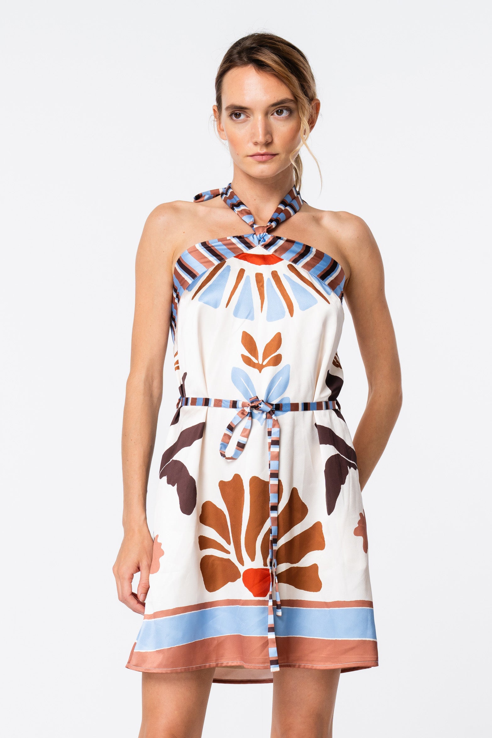 Ciebon Cross Neck Halter Dress Brown Multi | Key Casuals
